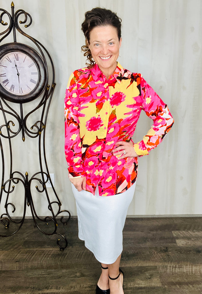 Kim Button Front Top- Fuchsia Mix – The King's Daughter Boutique